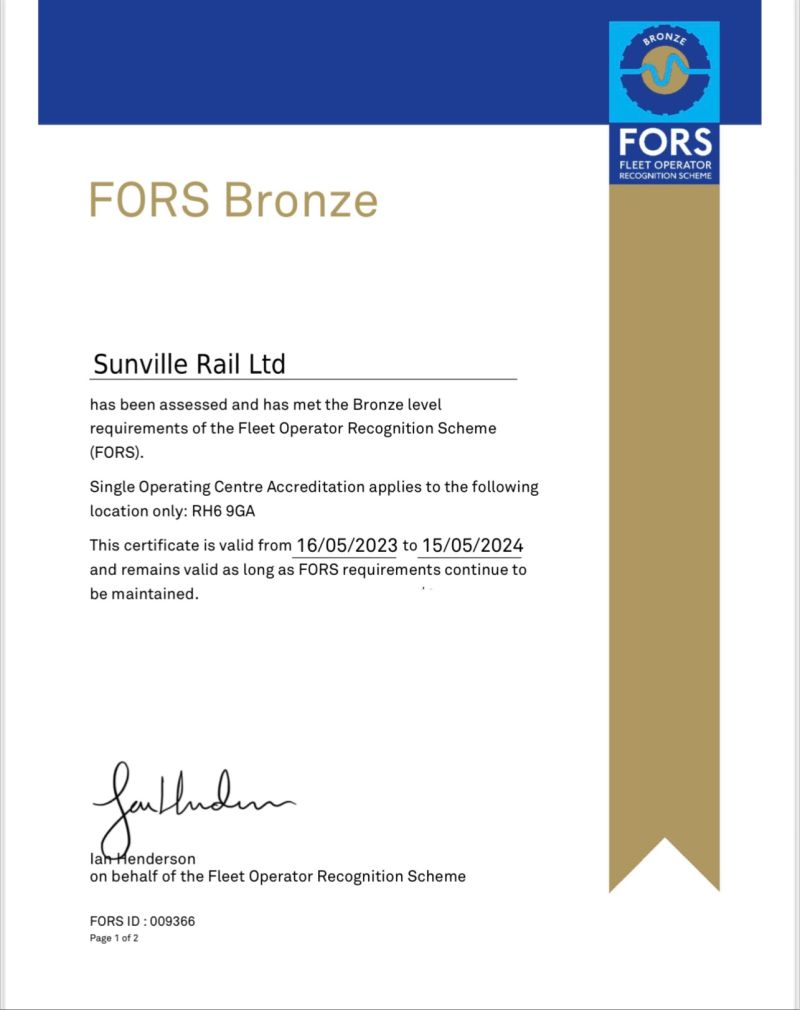 Sunville Rail FORS Bronze renewal 6th year running | Civil Engineering ...